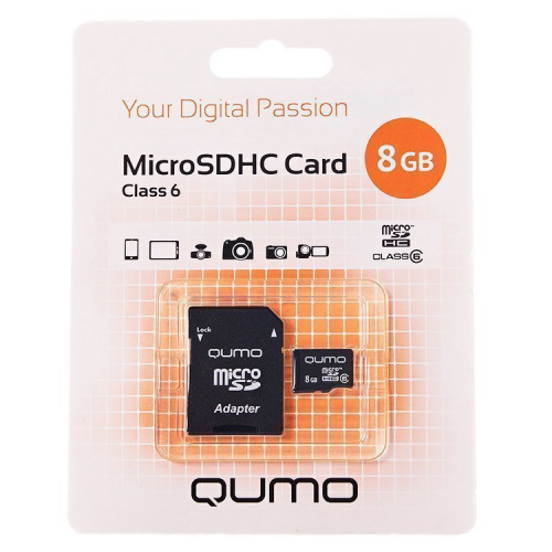 Карта флэш-памяти MicroSD 8 Гб Qumo +SD адаптер (class 6)
