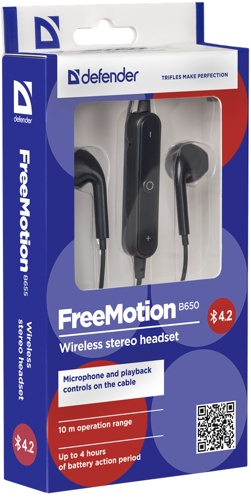Гарнитура Defender FreeMotion B650 черная (Bluetooth, стерео, до 10 м) вкладыши