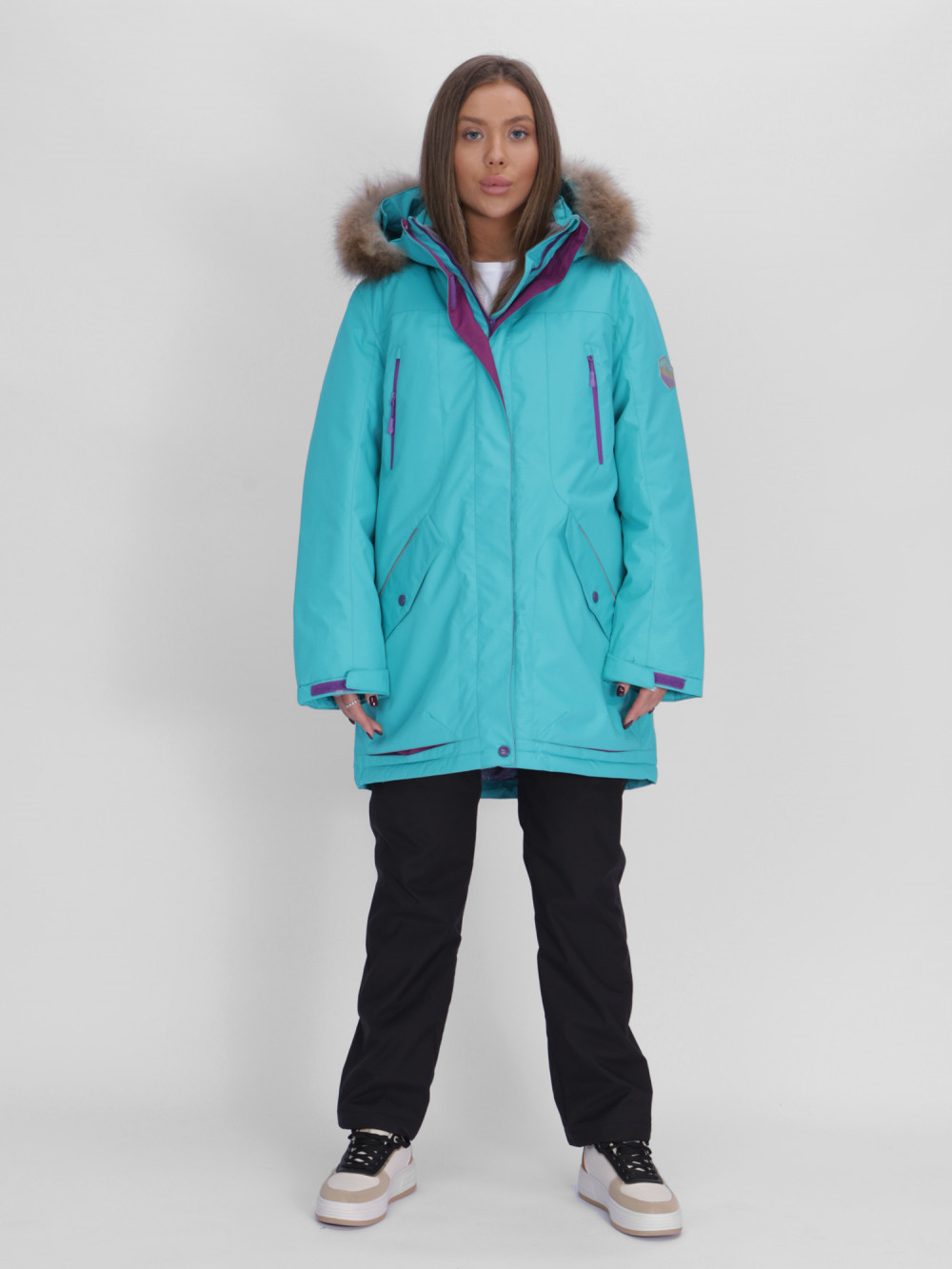 Парка женская с мехом зимняя большого размера бирюзового цвета 552021Br ...