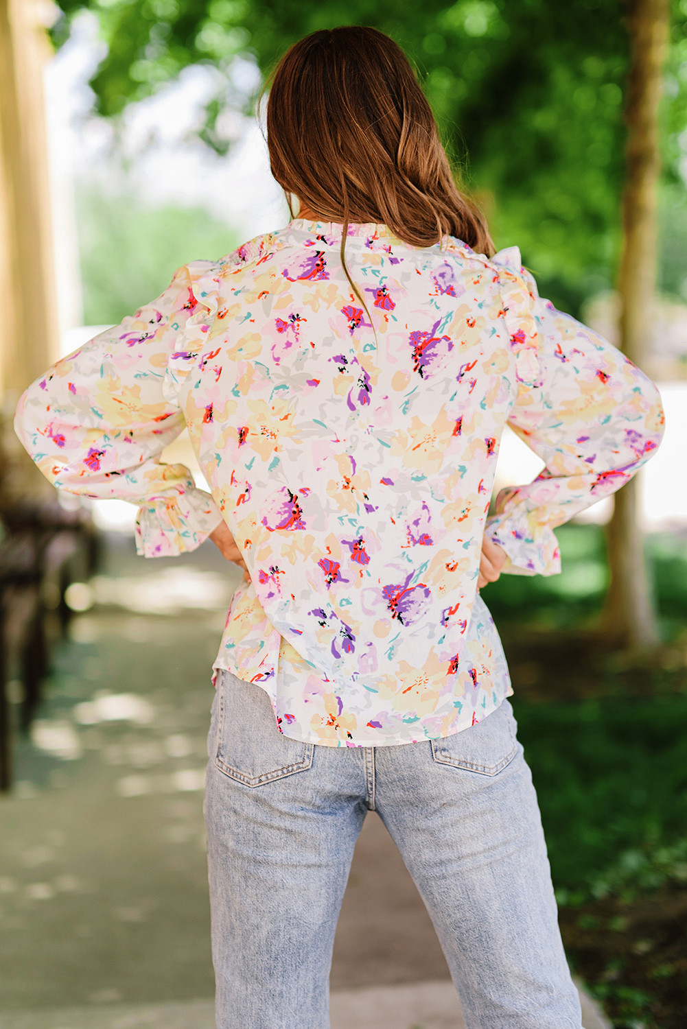 Multicolor Floral String Tie V Neck Ruffle Blouse