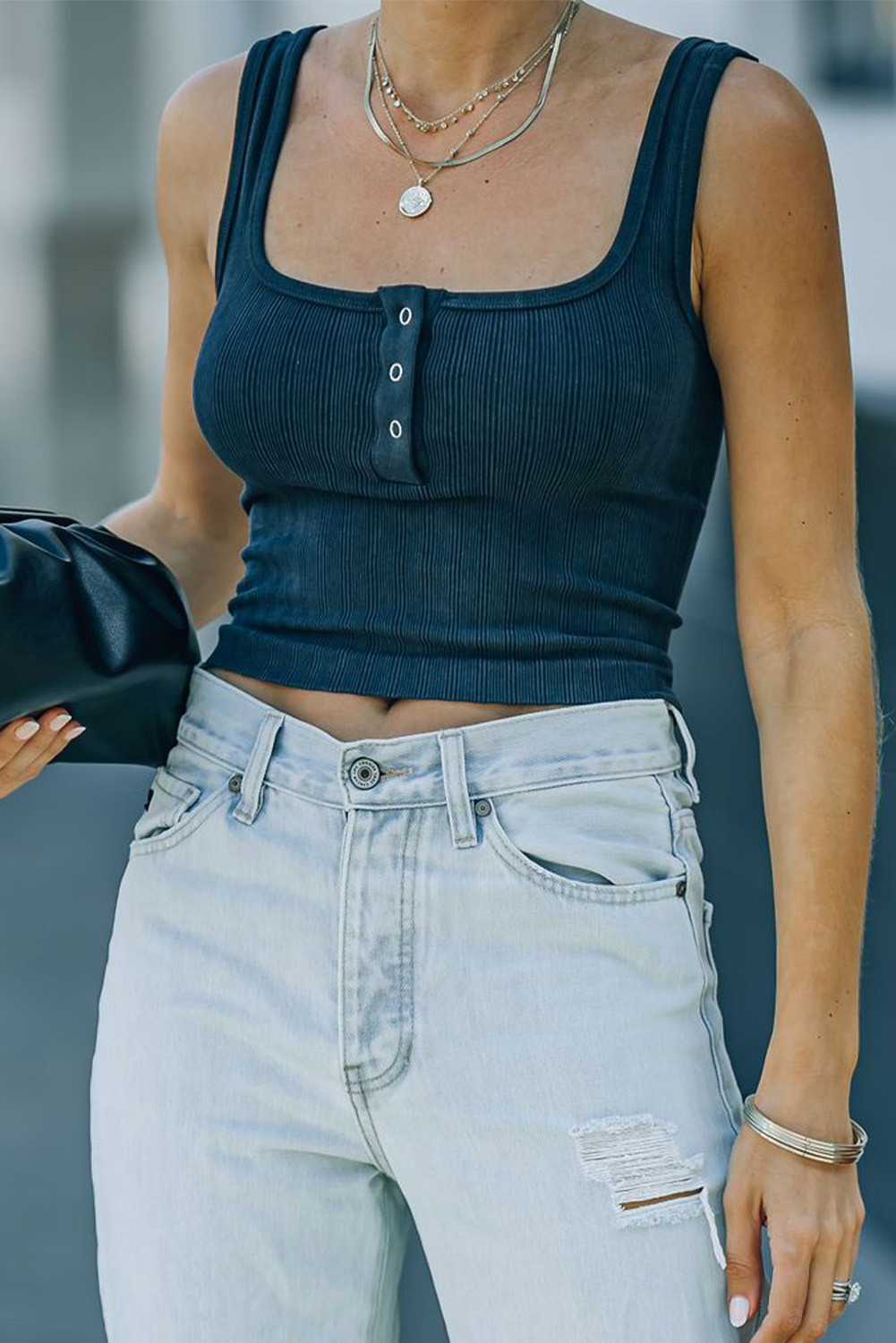 Navy Ribbed Knit Henley Crop Tank