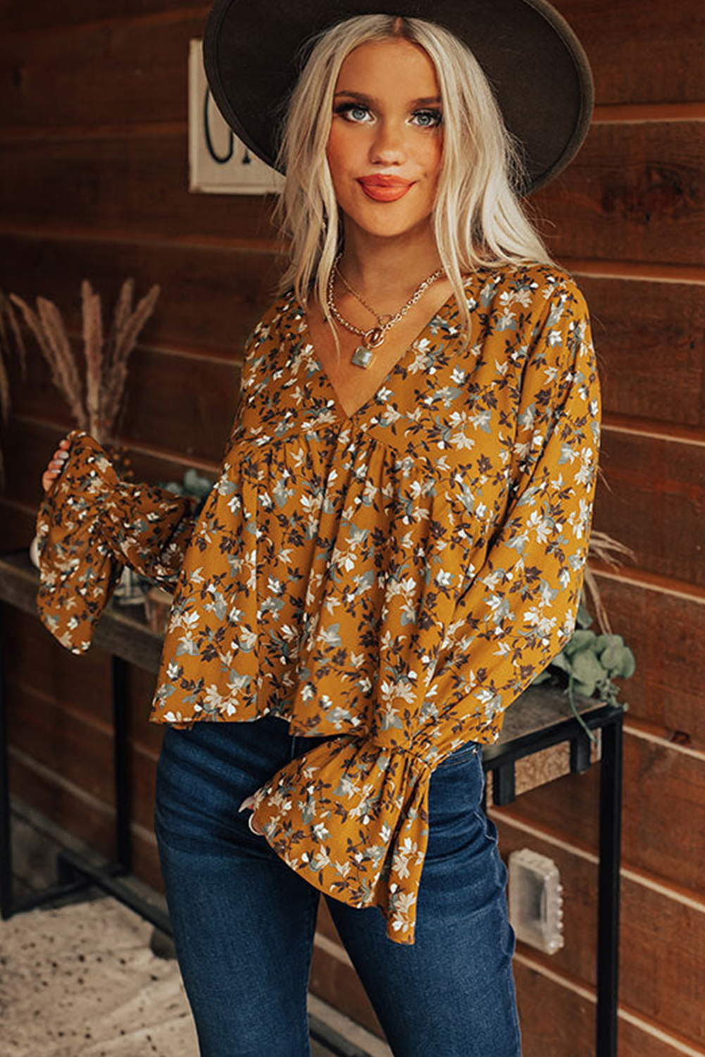 Brown Floral Print Bell Cuff V Neck Babydoll Blouse